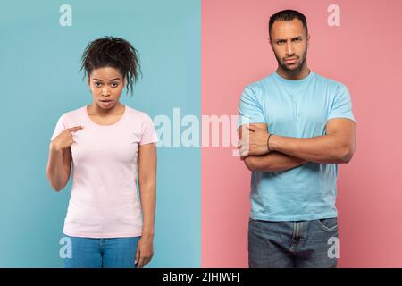 Two angry friends after a quarrel sitting on a couch and looking at the ...