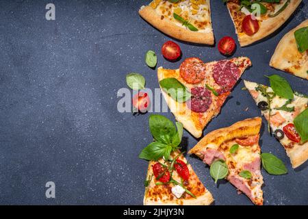 Various taste type pizza pieces with different traditional filling ...