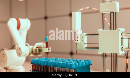 modern genetic laboratory PCR processor and robot with test tube in ...