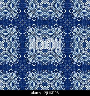 Indigo blue snow flake damask pattern background. Frosty painterly ...