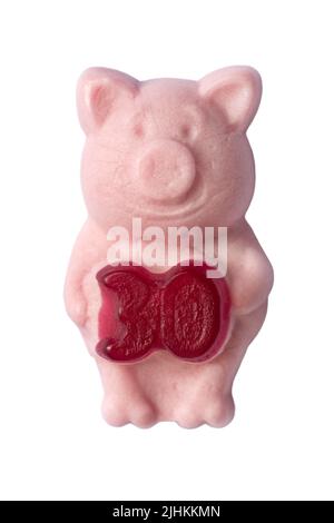 M&S Percy Pig sweet celebrating 30 years made with real fruit juice isolated on white background ...