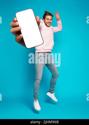 Mobile App Advertisement. Handsome Excited Man Showing Pointing At ...