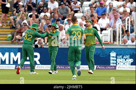 South Africa celebrate the wicket of Jason Roy of England during the ...