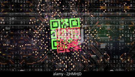 Image of qr code and computer circuit board over data processing on black background Stock Photo ...