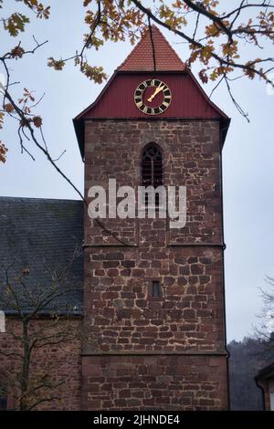Neuleiningen, Germany - December 2, 2020: Clock tower on a church, St ...