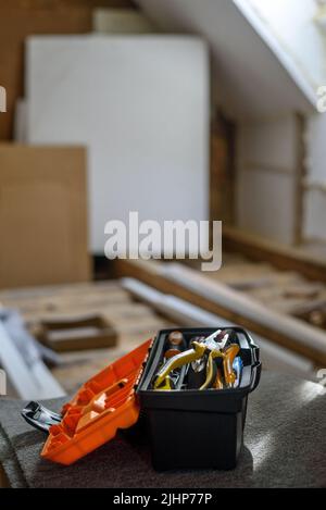 Tool box in apartment renovation area on floor Stock Photo - Alamy