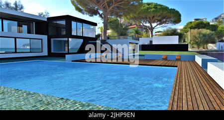Spacious terrace of an advanced high-tech house with a pool on the lake ...