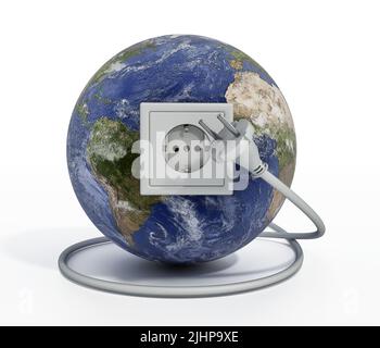 Earth Globe with power plug into electrical socket. Green energy ...