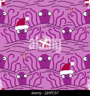 Christmas on the beach seamless cartoon octopus Santa hat pattern for ...