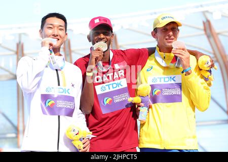 Sanghyeok Woo, Mutaz Essa Barshim and Andriy Protsenko medal presentation for the men’s high ...