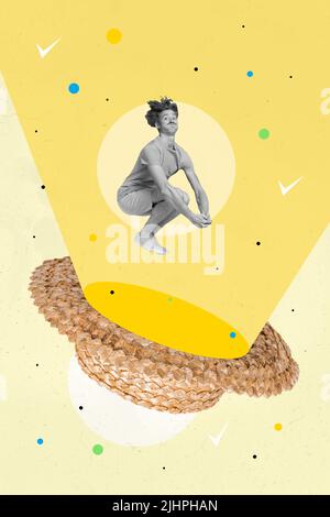 Vertical banner collage of guy travel on air balloon black and white ...