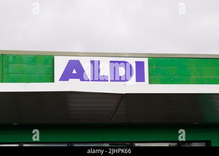 Aldi lettering on a wall of the discounter in Berlin. Aldi is one of ...