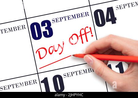 3rd day of September. Hand writing text GOAL PLAN ACTION on calendar ...