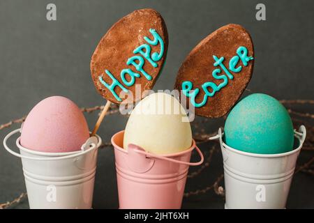 Color eggs in buckets. Happy easter background Stock Photo - Alamy
