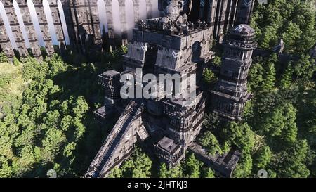 Fantasy fairy cyberpunk castle, palace in ocean. Postapocalypde concept ...