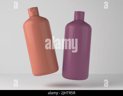 Two beige plastic shampoo bottles floating on studio background, 3D ...
