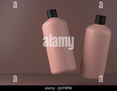 Two beige plastic shampoo bottles floating on studio background, 3D ...