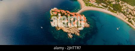 Aerophotography. View from flying drone. Panoramic cityscape of Budva ...