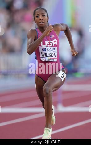 United States' Britton Wilson competes during a women's 4 X 400 meters ...