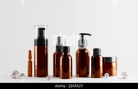 Collage with bottles of natural cosmetic serum on colorful background ...