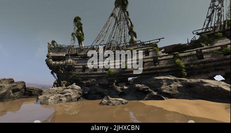 3D illustration hull of an old ship wrecked Stock Photo - Alamy
