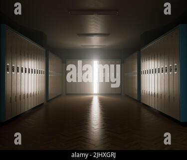 Light illuminating out of an open locker in a dimly lit locker room ...