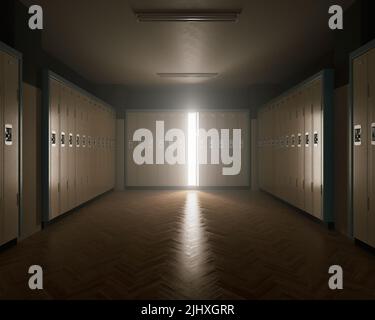 Light illuminating out of an open locker in a dimly lit locker room ...