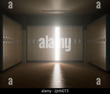 Light illuminating out of an open locker in a dimly lit locker room ...