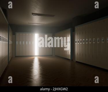 Light illuminating out of an open locker in a dimly lit locker room ...