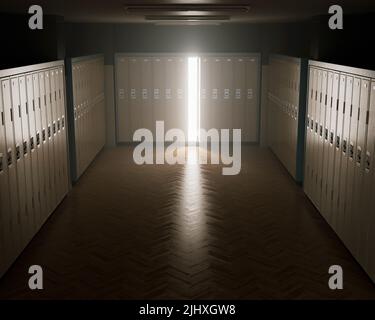 Light illuminating out of an open locker in a dimly lit locker room ...