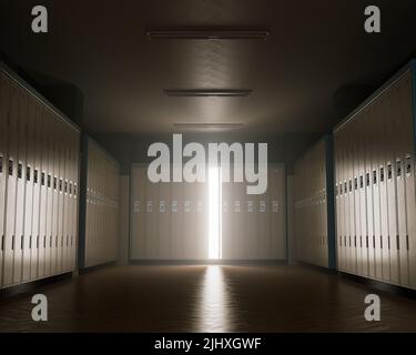 Light illuminating out of an open locker in a dimly lit locker room ...