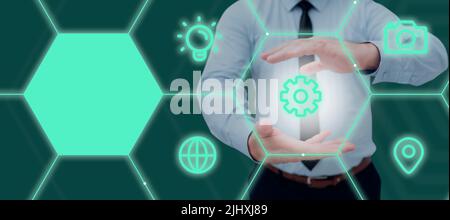 Businessman Gesturing Around Digitally Generated Multiple S And Hexagon ...