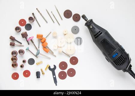 Dremel rotary kit, dremel heads, instrument for handwork on white ...