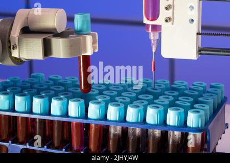 modern genetic laboratory PCR processor and robot with test tube in ...