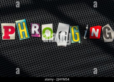 The Word "Phrogging" is spelled out in ransom note style typography ...