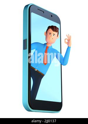3d cartoon man peeking out from behind wall, illustration isolated on ...