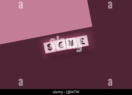 Dillar, euro, yen and pound on building blocks. wooden cubes with ...