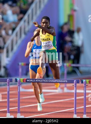 Janieve Russell (JAM) competing in the women’s 400m hurdles heats on ...