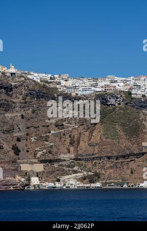 Panoramic view of Port of Fira, Santorini island, Thira, Cyclades ...