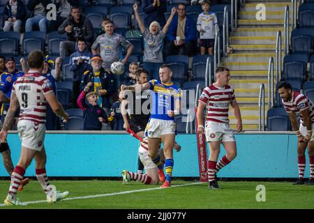 Leeds Rhinos' Harry Newman celebrates after scoring a try during the ...