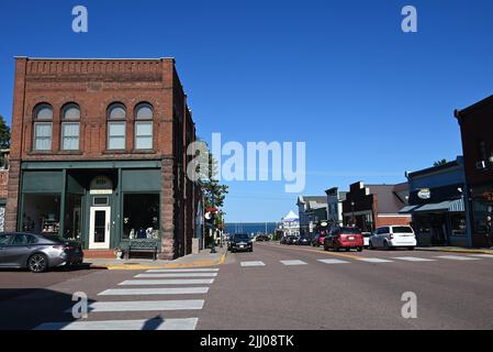 The historic downtown shopping district of Bayfield, Wi, gateway to the ...