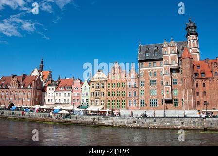 Skyline of Gdansk Harbour promenade with historic gate buildings along ...