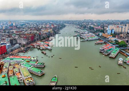 Aerial view Sadarghat Dhaka shipyard with container vessel, barges ...