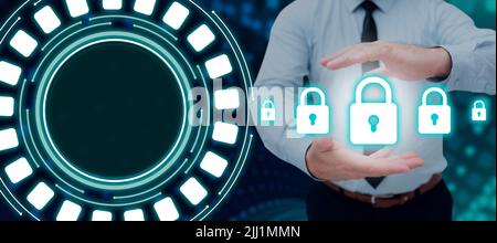 Businessman Holding Digitally Generated Padlocks In Hands Above Blank ...