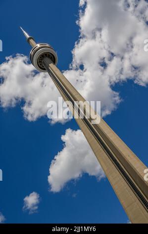 Looking up at the impressive CN Tower from ground level near Rogers ...