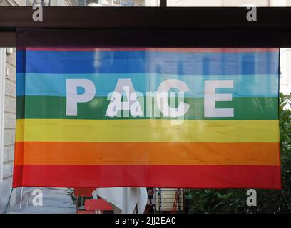 Italian pace translation peace flag in rainbow colours Stock Photo - Alamy