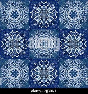 Indigo blue snow flake patchwork pattern background. Frosty painterly ...