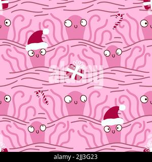 Christmas on the beach seamless cartoon octopus Santa hat pattern for ...
