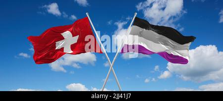 two crossed flags asexuality Pride and Denmark waving in wind at cloudy ...