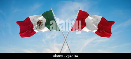 Mexico flag and Peru flag waving together on blue sky, two country ...